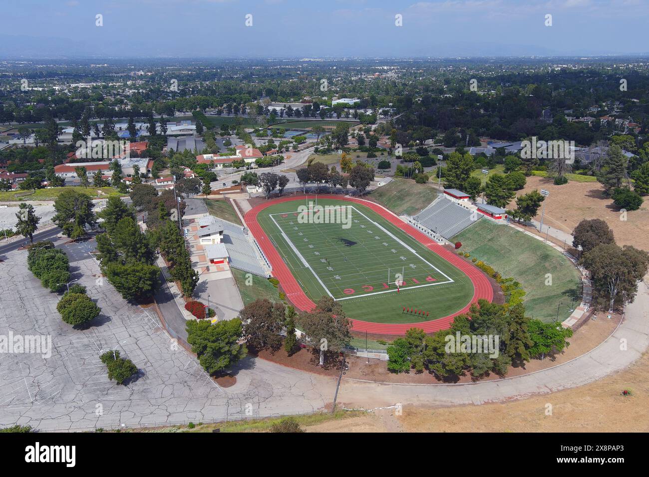 A general overall aerial view of the Football field and track at John ...