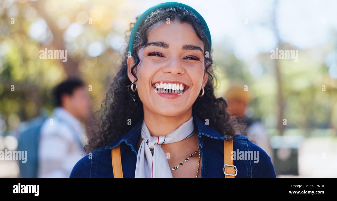Woman, laugh and student portrait with phd and campus at university ...