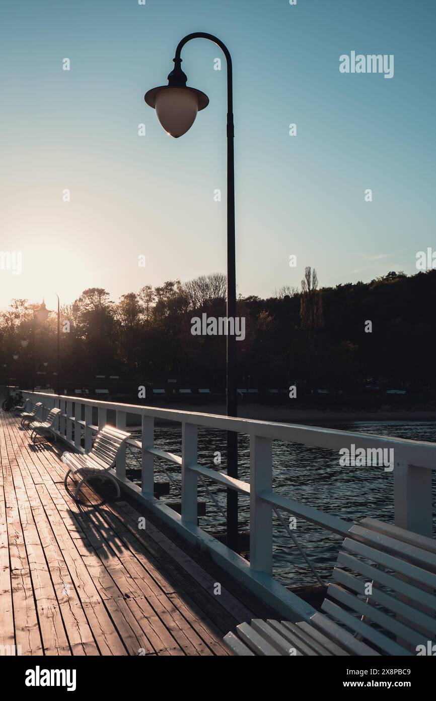 White Old wood bridge pier against beautiful sunset sky natural ...