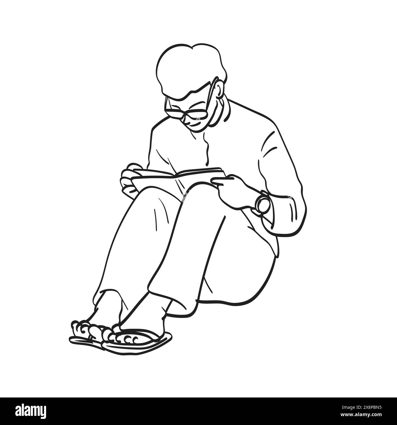 man with glasses reading book on the ground illustration vector hand ...