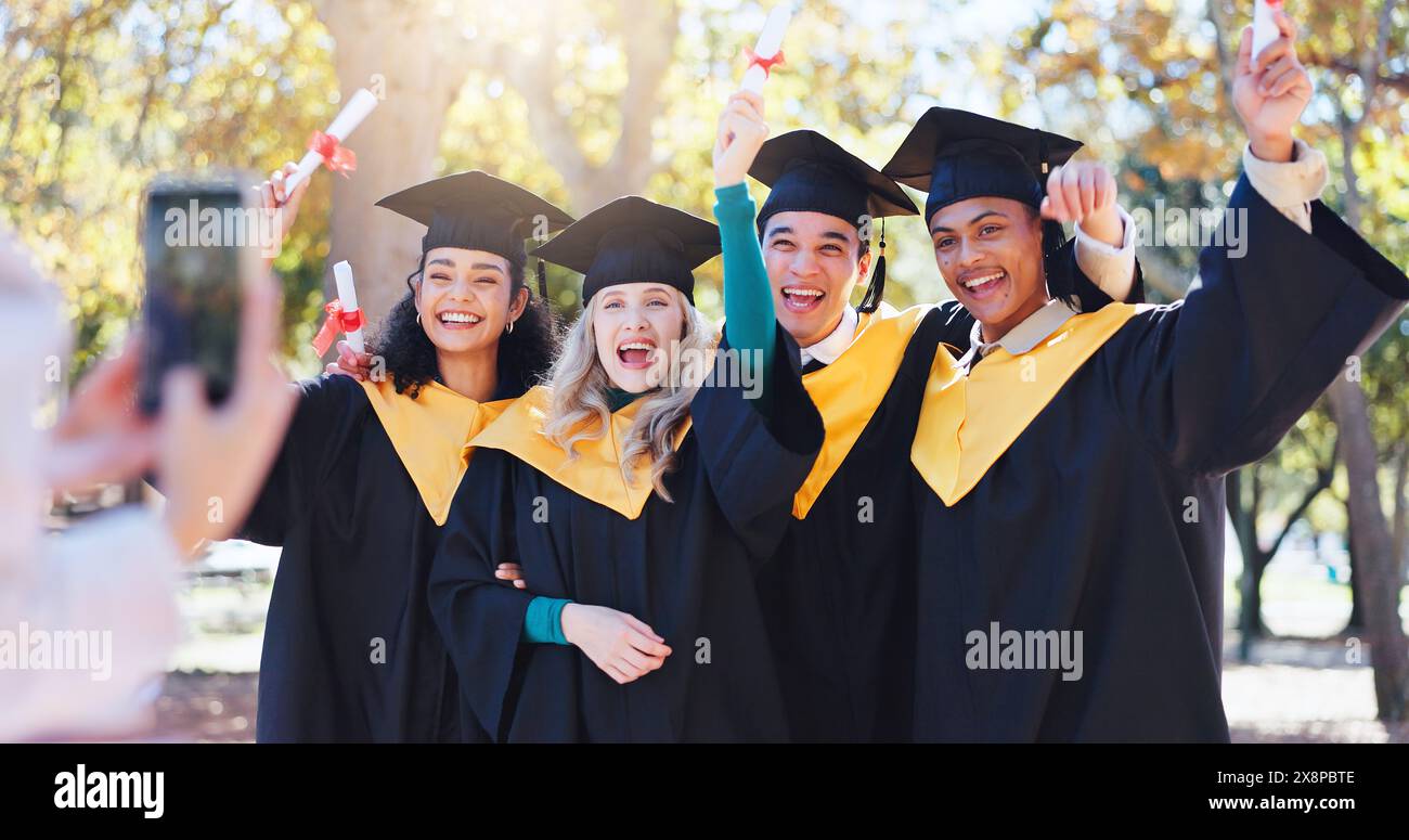 Happy friends, graduation and celebration with photography for memory ...