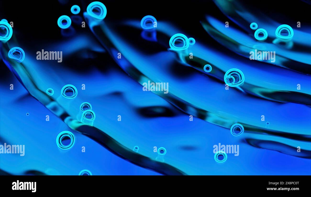 Neon bubbles move on surface of liquid. Design. Bright neon bubbles ...