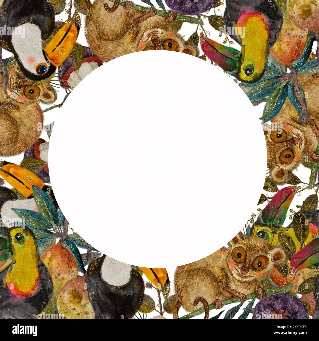 Tropical watercolor wildlife frame with colorful birds, animals, plants ...