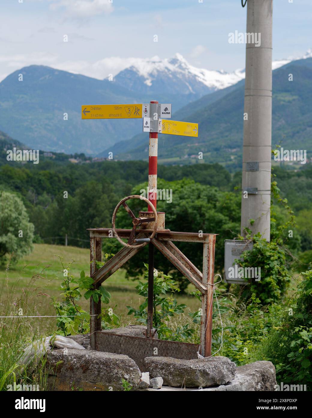 Yellow pilgrimage road signs in Nus with snow capped alpine mountains ...