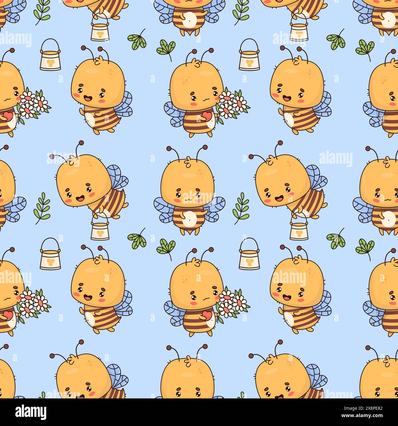 Seamless pattern with cute bees with flowers and honey on blue ...