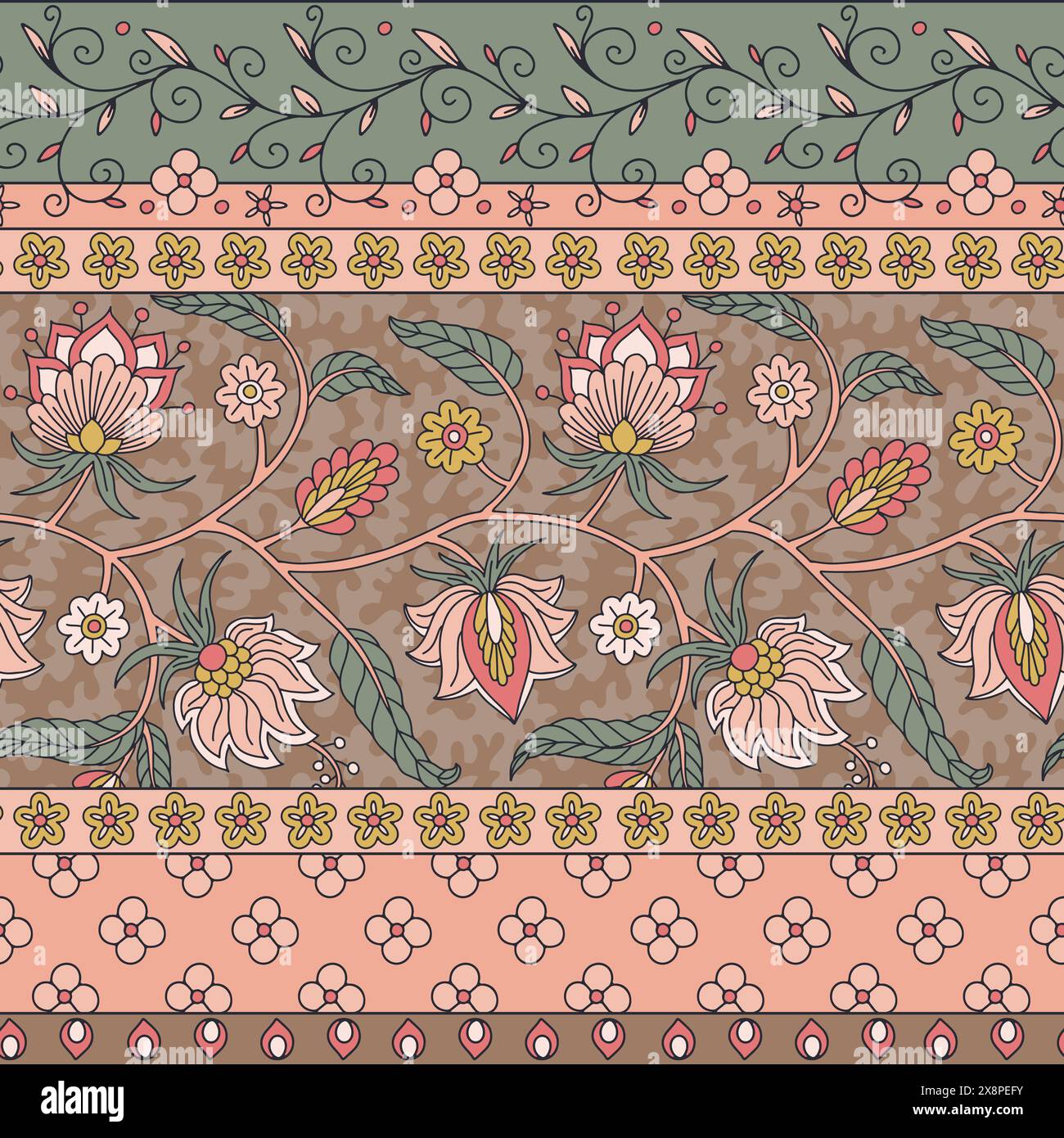 Floral seamless border pattern with indian trailing flowers motifs ...