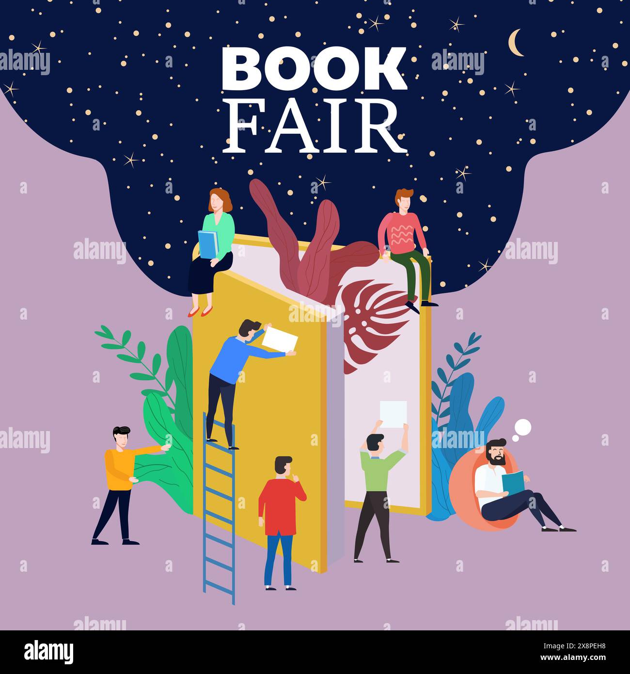 Book Fair or Festival concept, small people reading and opened huge ...