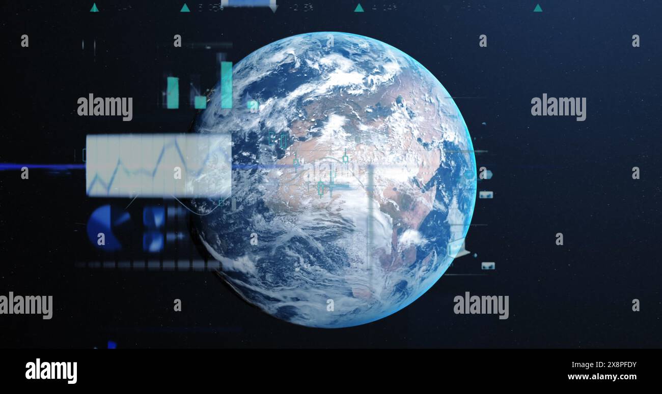 A digital representation of Earth with various data charts and graphs ...