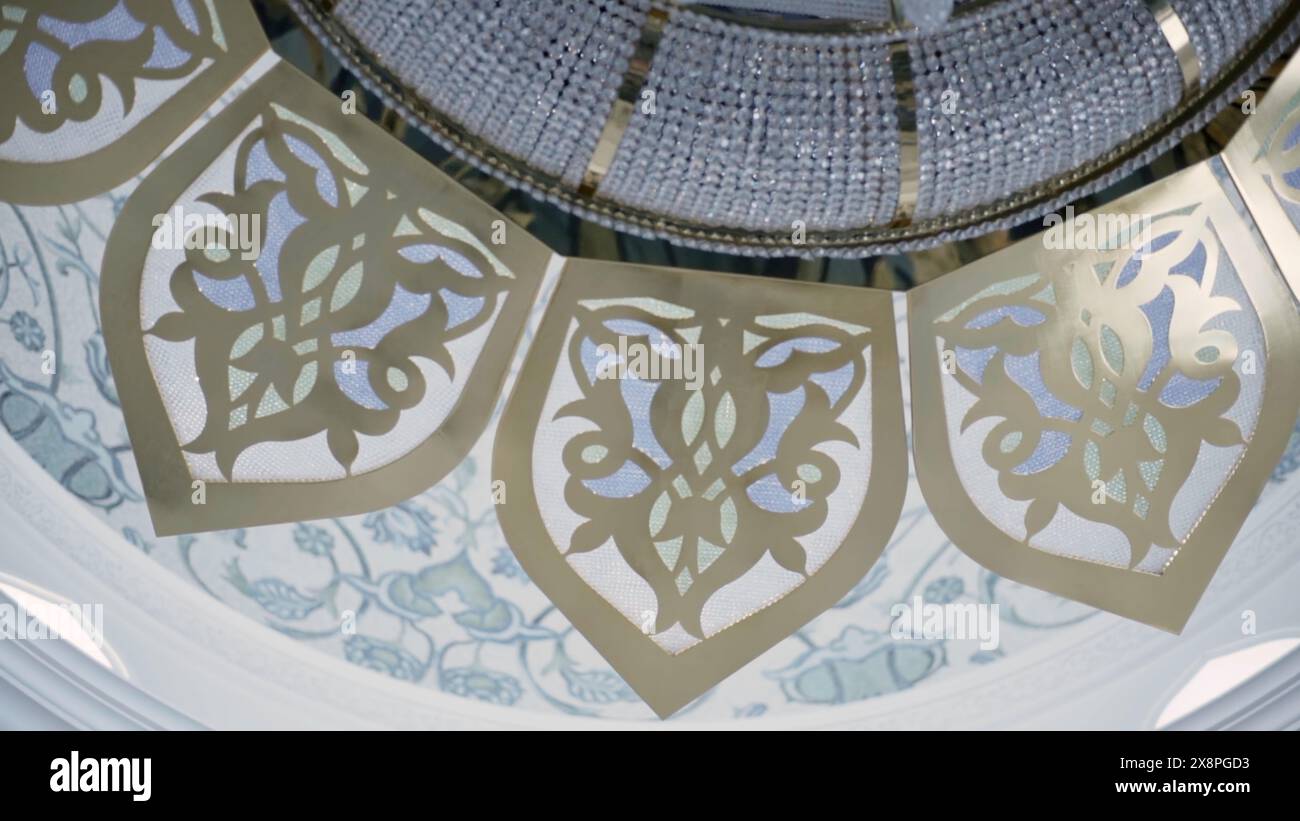 Beautiful ceiling and the large chandelier in Mosque. Scene. Interior ...