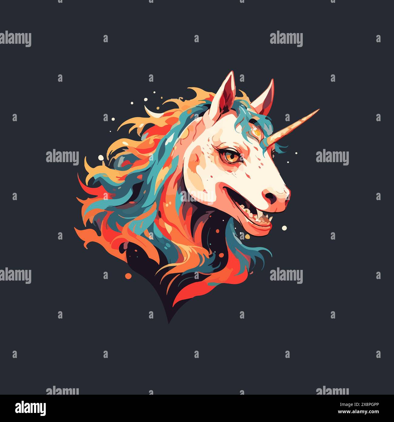 Vibrant long hair unicorn with sharp teeth Stock Vector Image & Art - Alamy