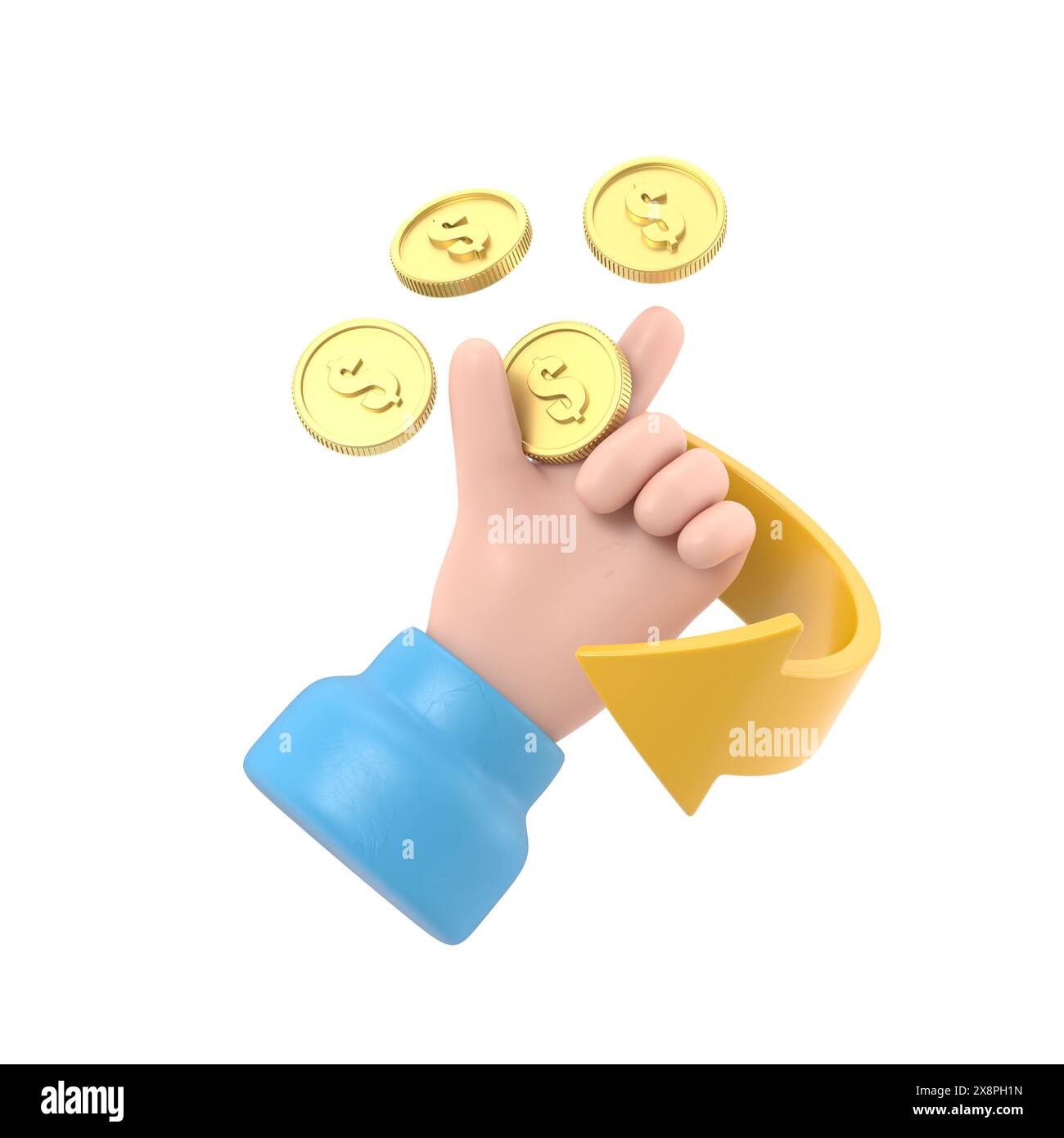 Cartoon Gesture Icon Mockup.3D Hand holding coin with arrow. Cashback ...