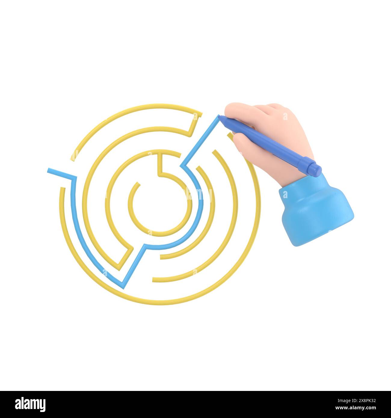 Find way out. Exit from circle labyrinth. Man with pen leads line from ...