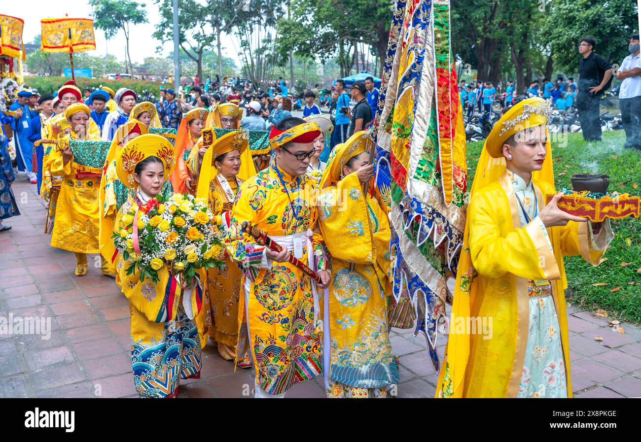 Traditional festival to process the Virgin Mary, people wearing ancient ...
