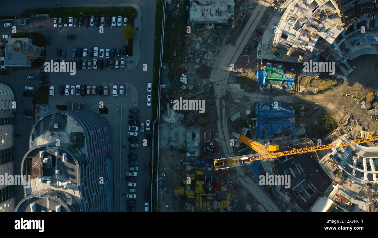 Top view of stadium construction. Stock footage. Construction site with ...