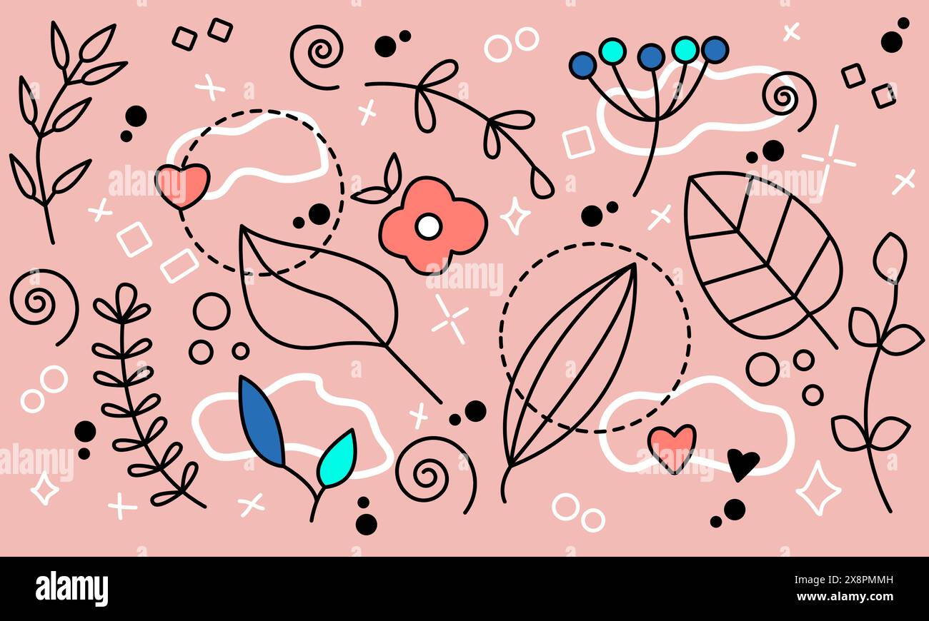 Simple floral outlines doodles on pink background Stock Vector Image ...