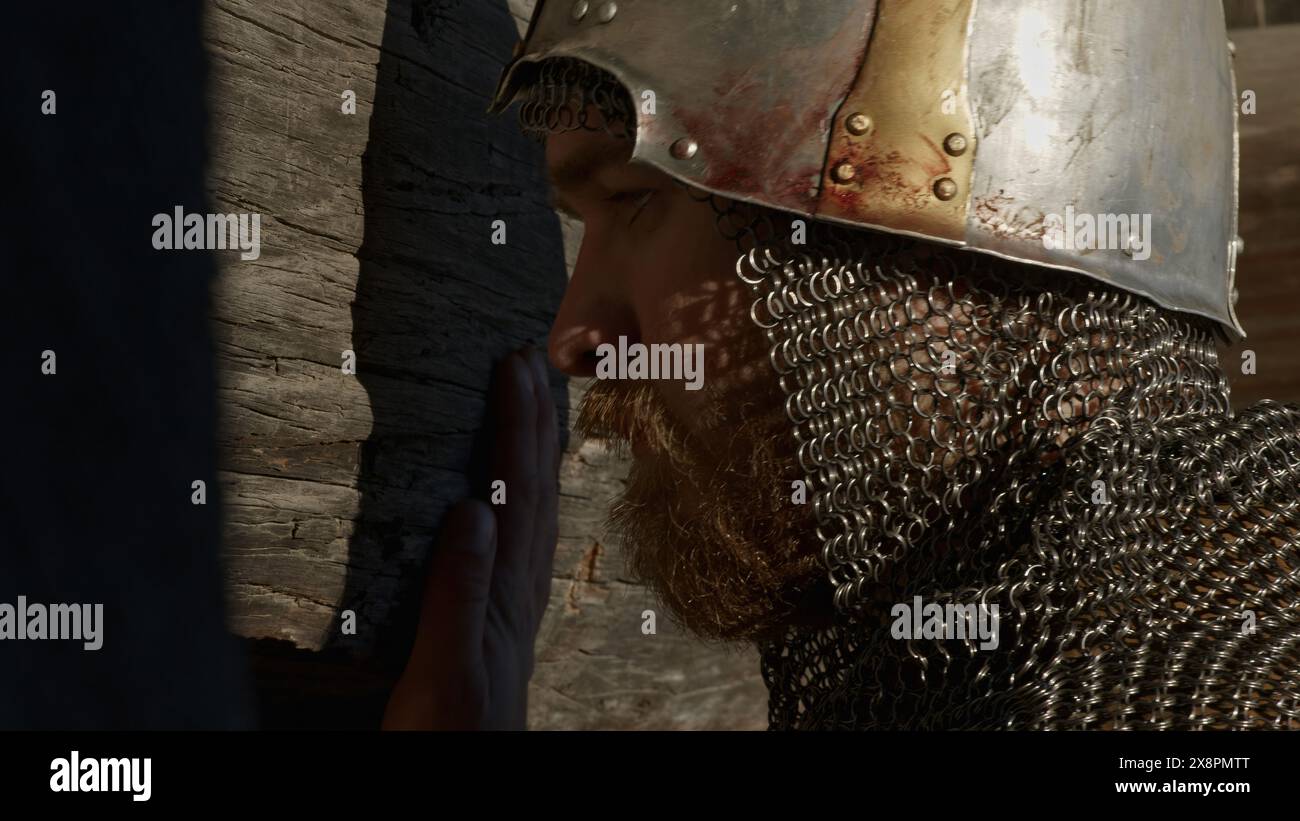 Medieval old knight helmet and chain mail for protection in battle ...