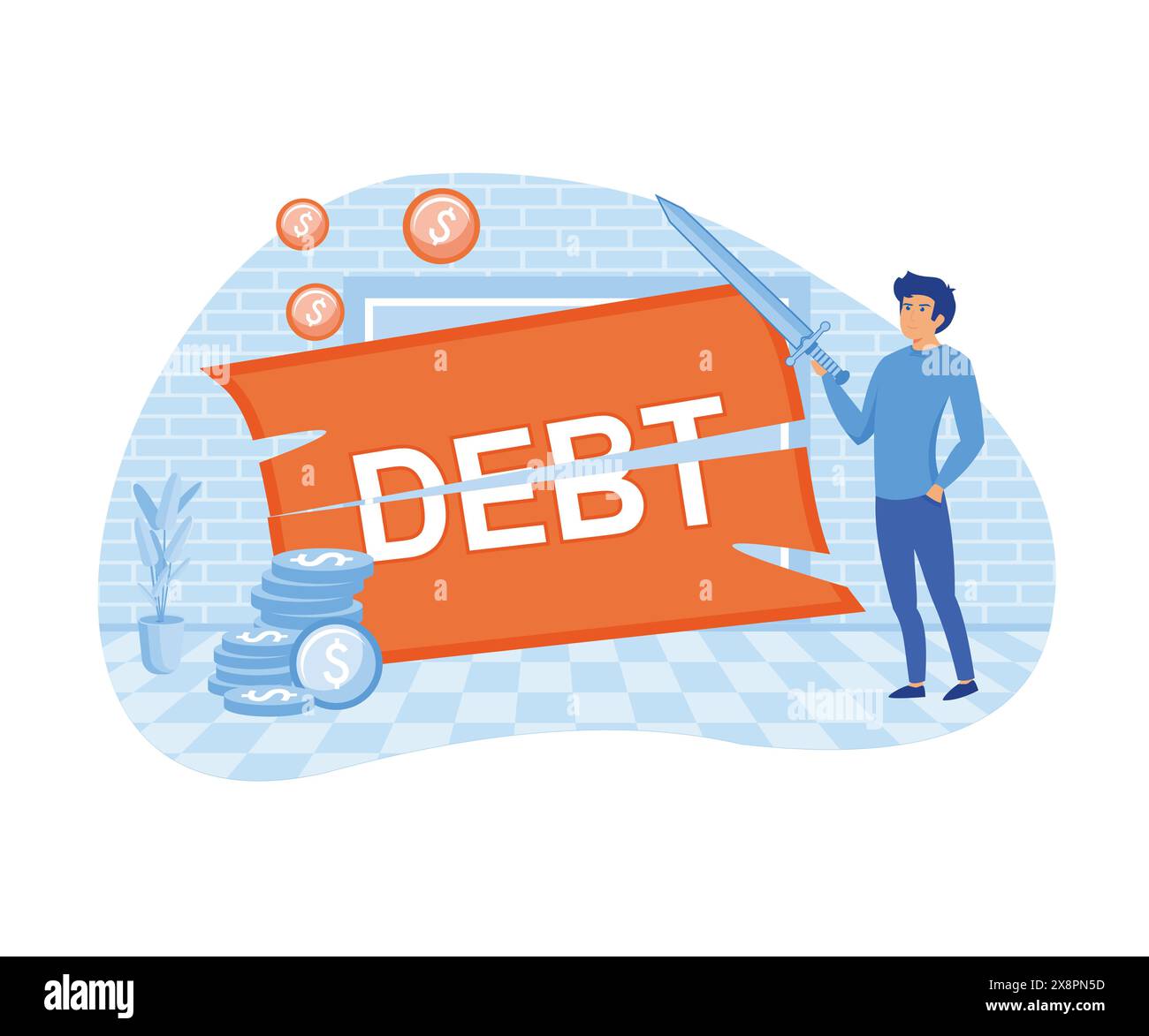 Cut debt. Businessman cutting the word debt with a sword. Money flying ...