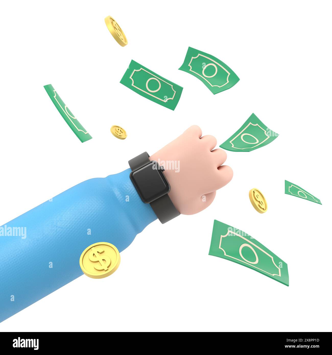 3d cartoon render man arm with hand watch or alarm clock and flying ...