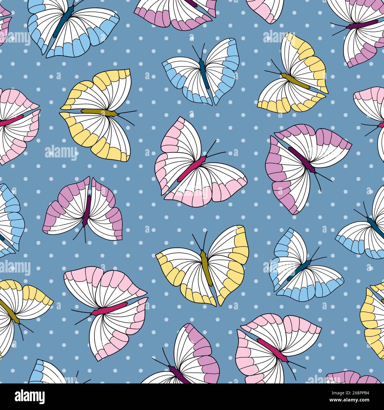 Colorful butterfly seamless pattern on blue polka dots background ...