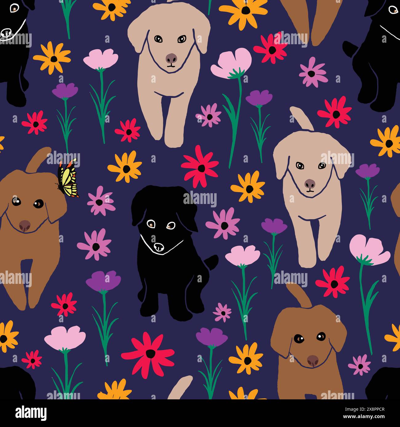 Cute dogs and flowers seamless pattern design Stock Vector Image & Art ...