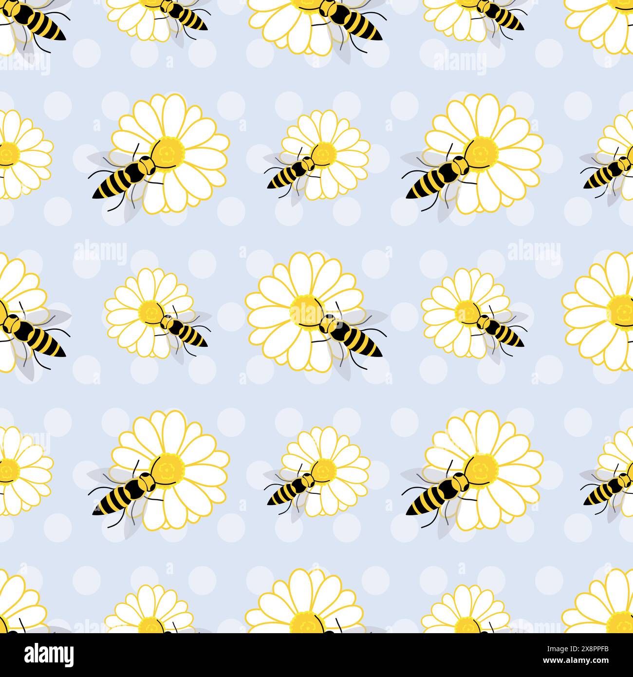 Cute seamless pattern with bees and daisy flowers on purple polka dots ...