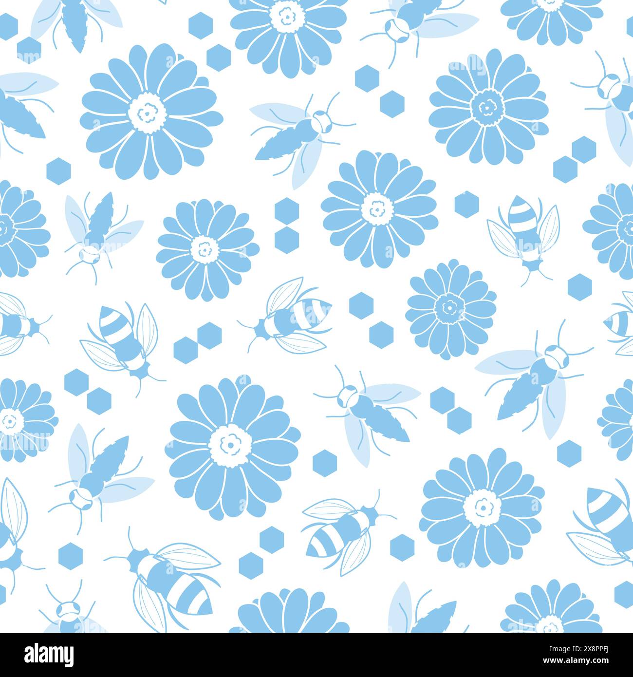 Blue flowers and bees seamless background design Stock Vector Image ...