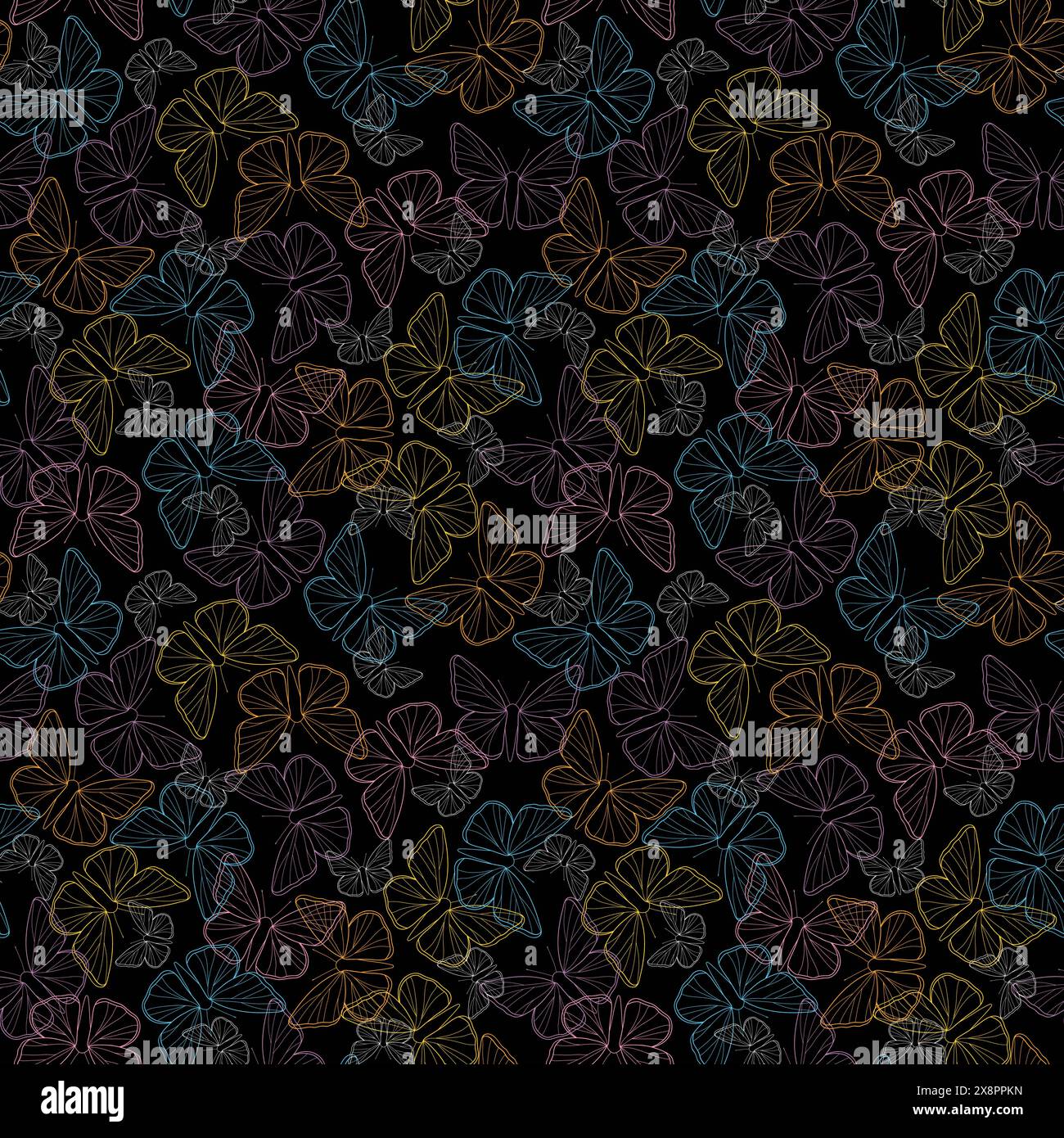 Seamless colorful butterfly outline pattern on black background ...