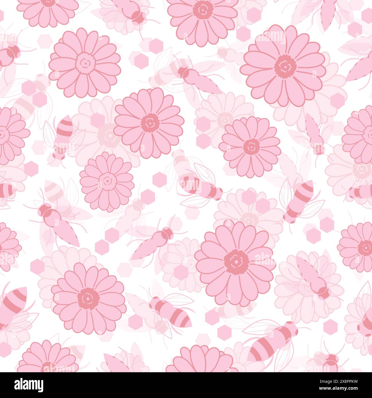 Seamless pattern with bees and flowers in pink on white background ...