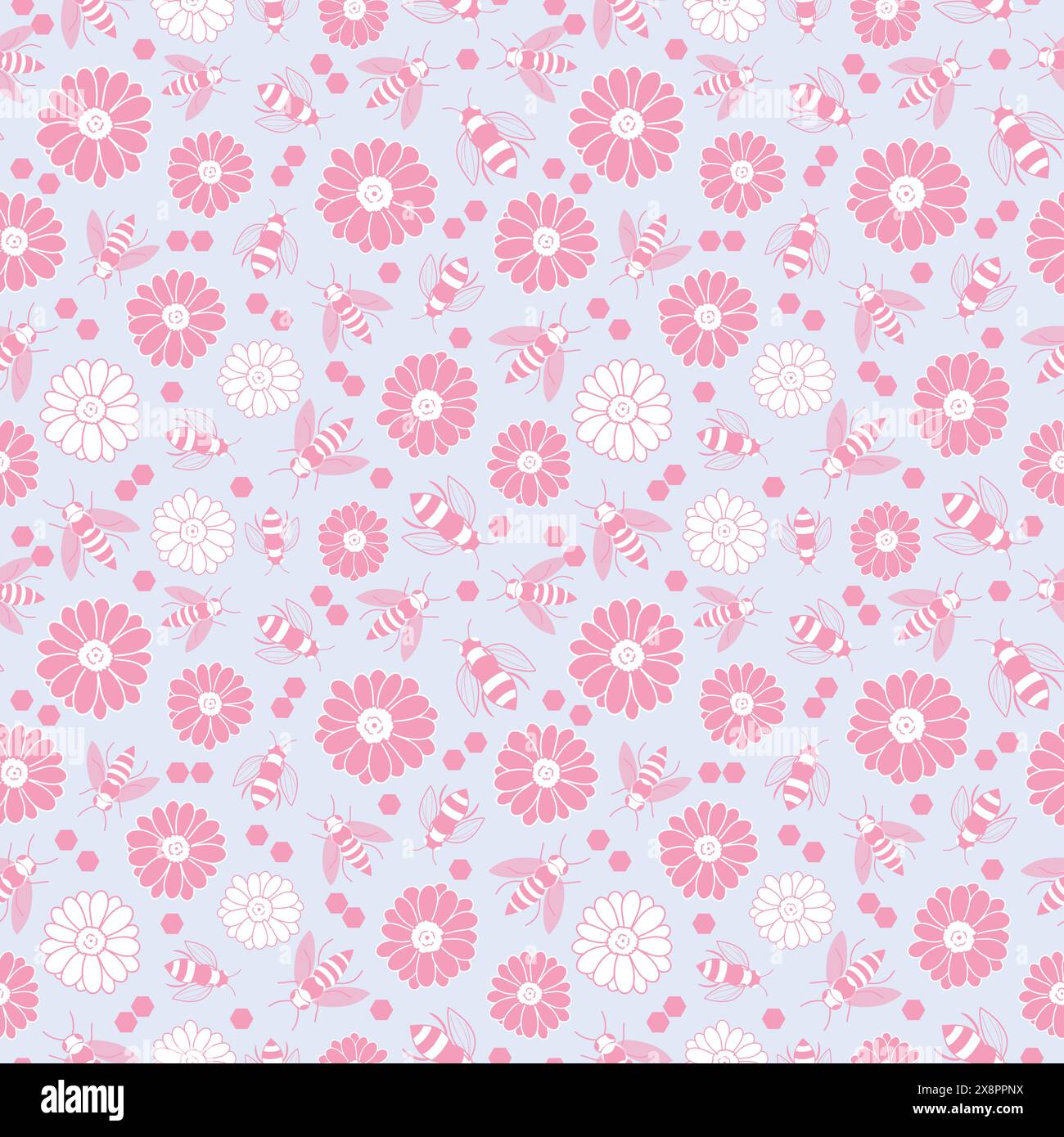 Repeat vector pattern with bees and flowers on pastel purple background ...
