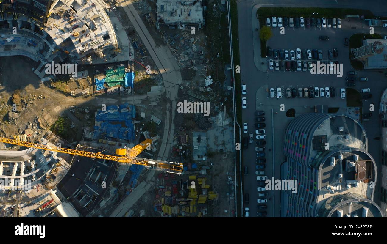 Vertical top view of construction of circular building. Stock footage ...