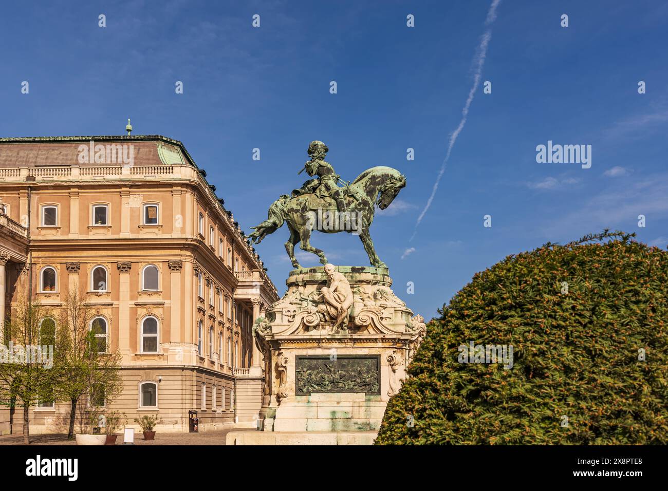 Buda Castle and equestrian statue of Prince Eugene of Savoy in Budapest ...