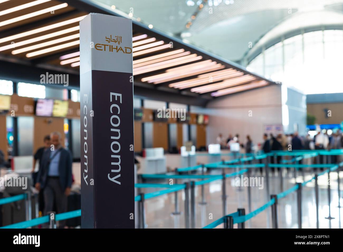 Etihad Airways economy class check-in or ticket area in Istanbul ...