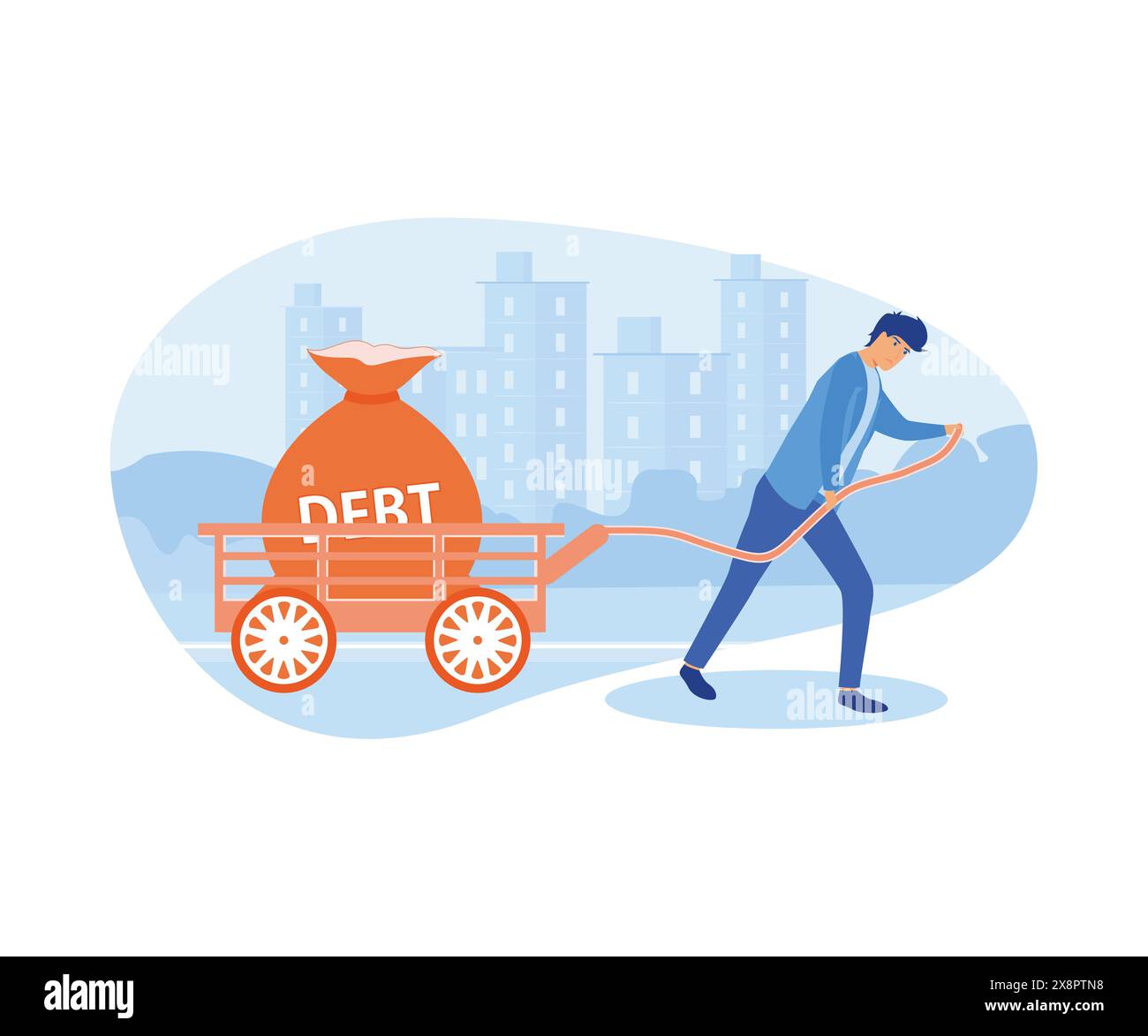 Businessman sweating and pulling a cart with text Debt on it. Creative ...