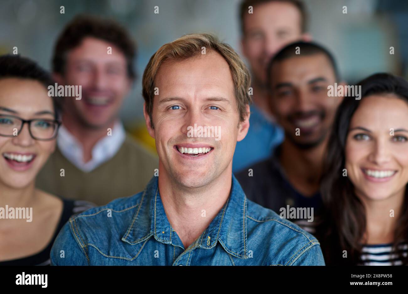 Copywriter, friends and funny with business people laughing together in ...