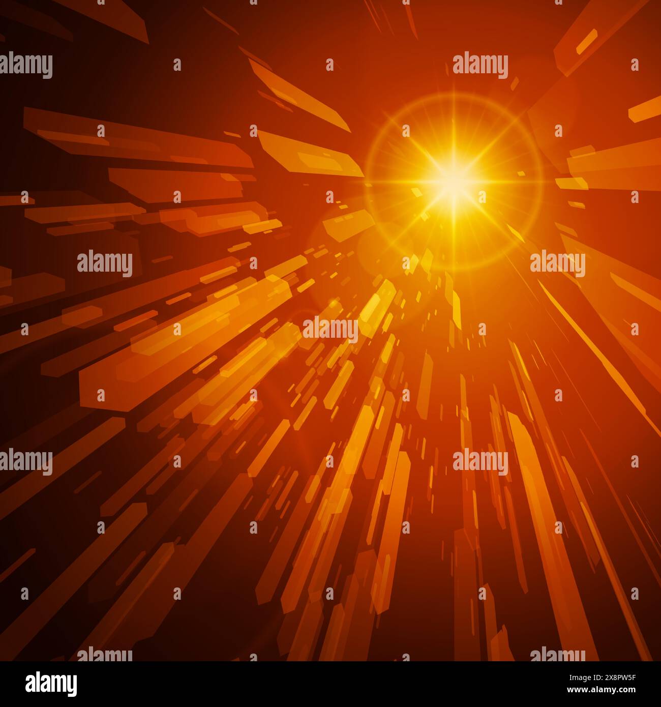 A vibrant orange and yellow burst radiates dynamically from a central ...