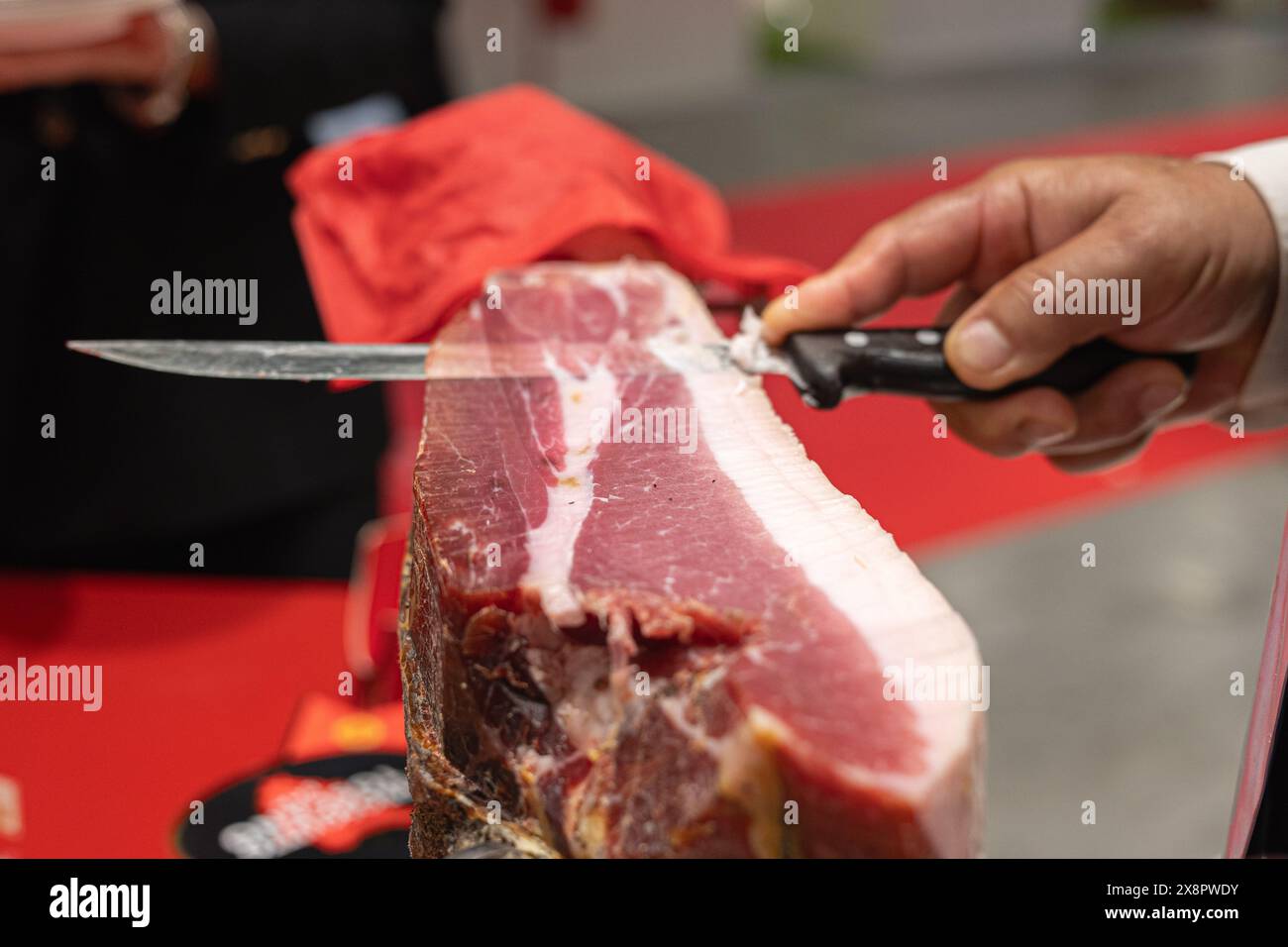 Thin Slice of Raw Ham Leg inside Cutting Holder Cut by Hand with a ...