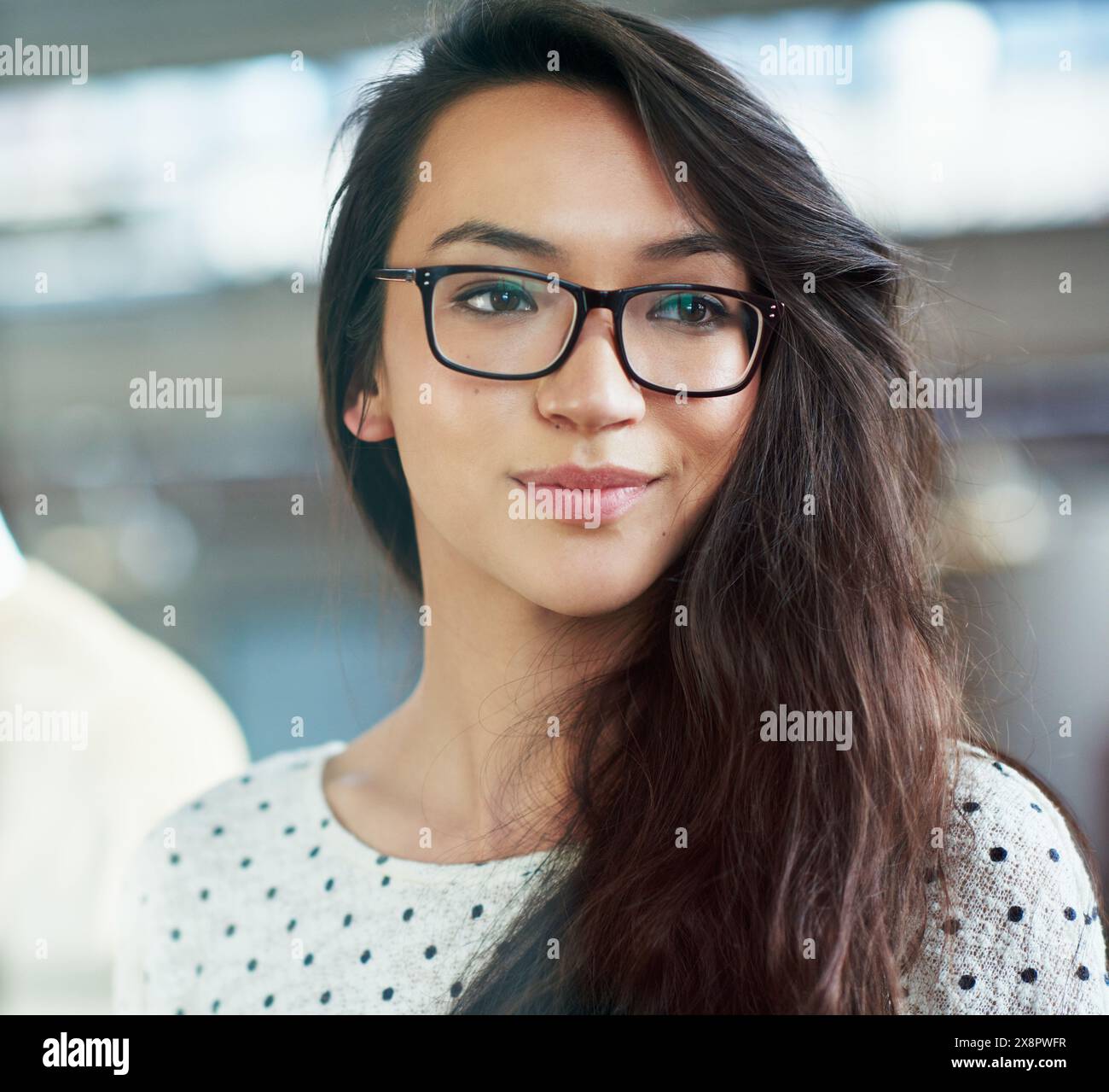 Office, business woman and thinking with smile of nostalgic memory ...