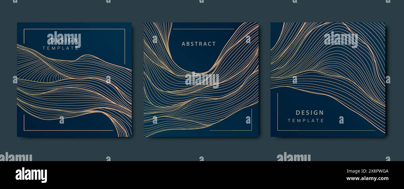 Vector set of wave line gold patterns, japan art textures, flow, sea ...