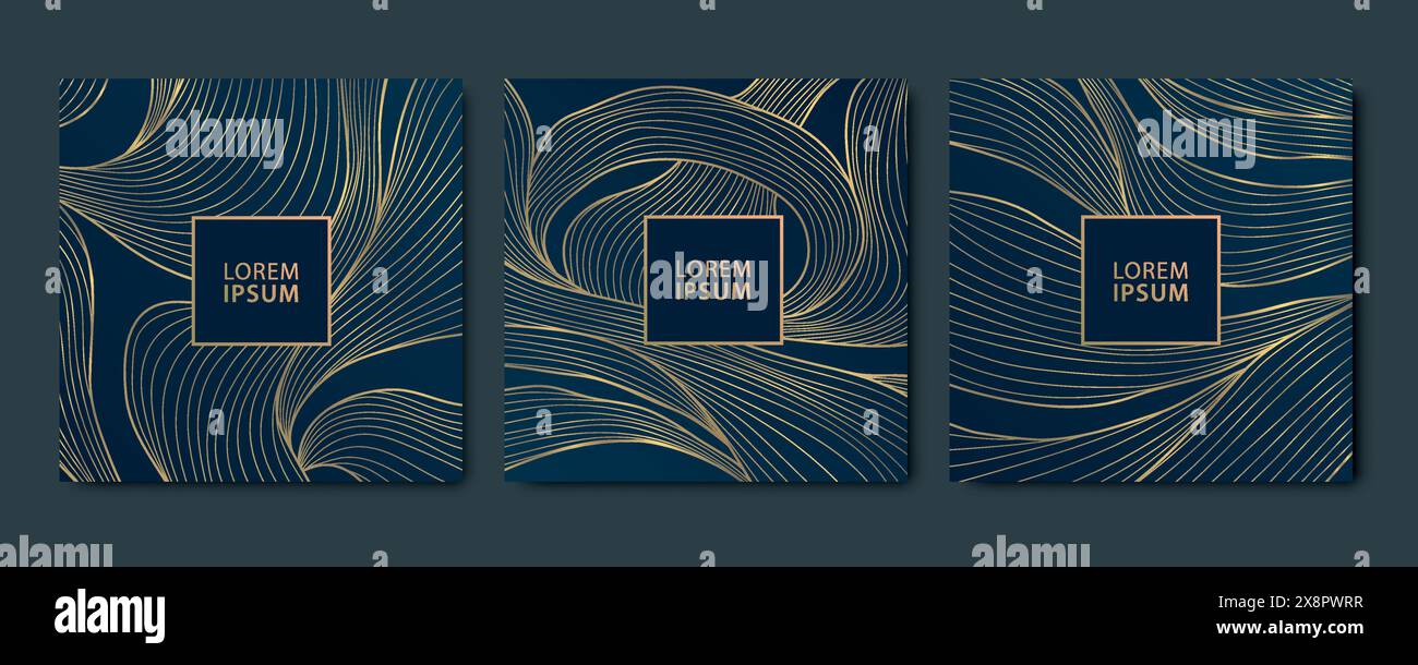 Vector set of wave line gold patterns, japan art textures, flow, sea ...