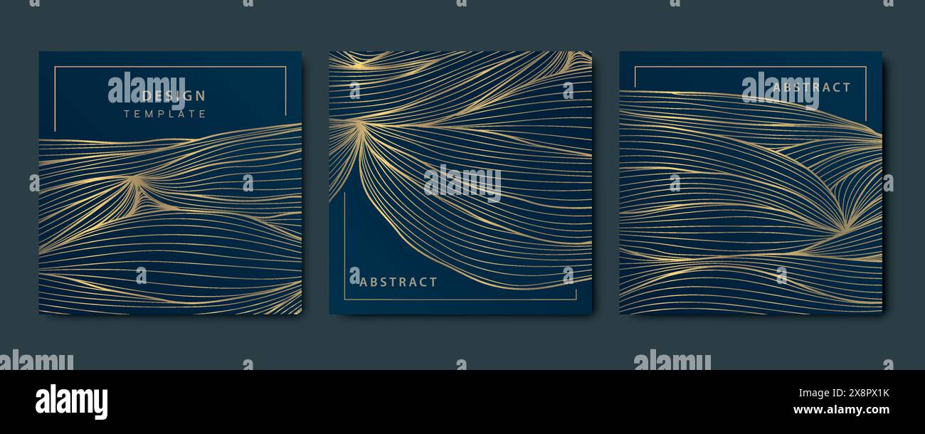 Vector set of wave line gold patterns, japan art textures, flow, sea ...
