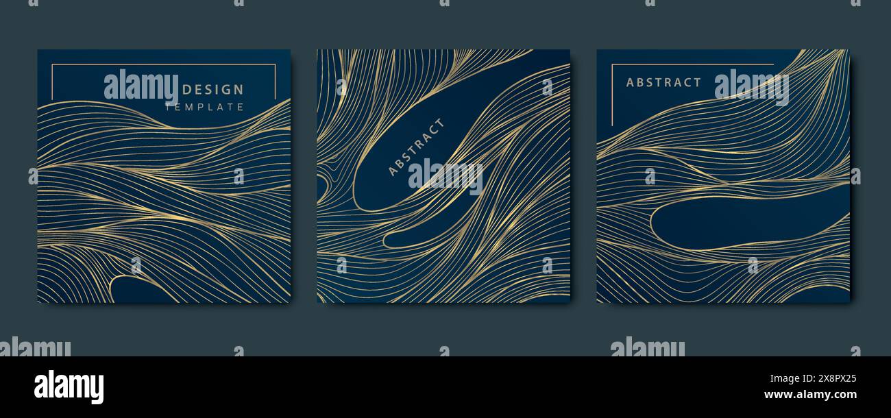 Vector set of wave line gold patterns, japan art textures, flow, sea ...