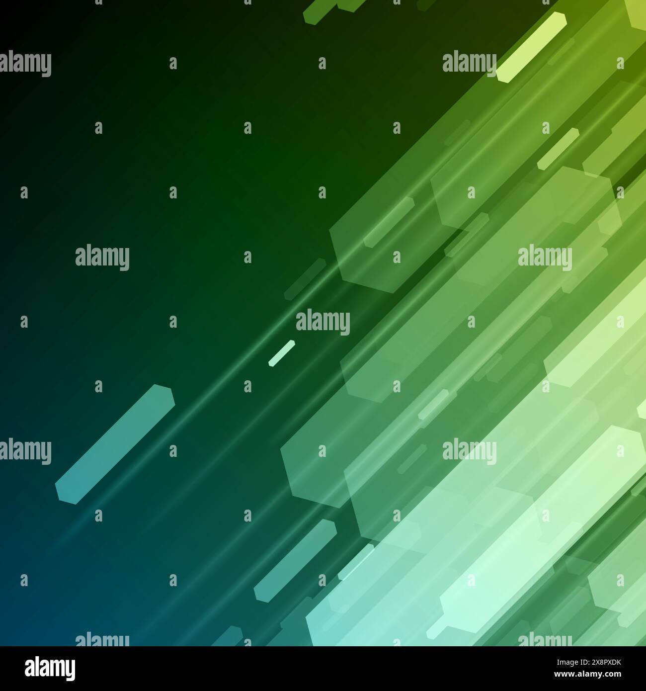 An array of green geometric shapes overlaps on a bright abstract ...