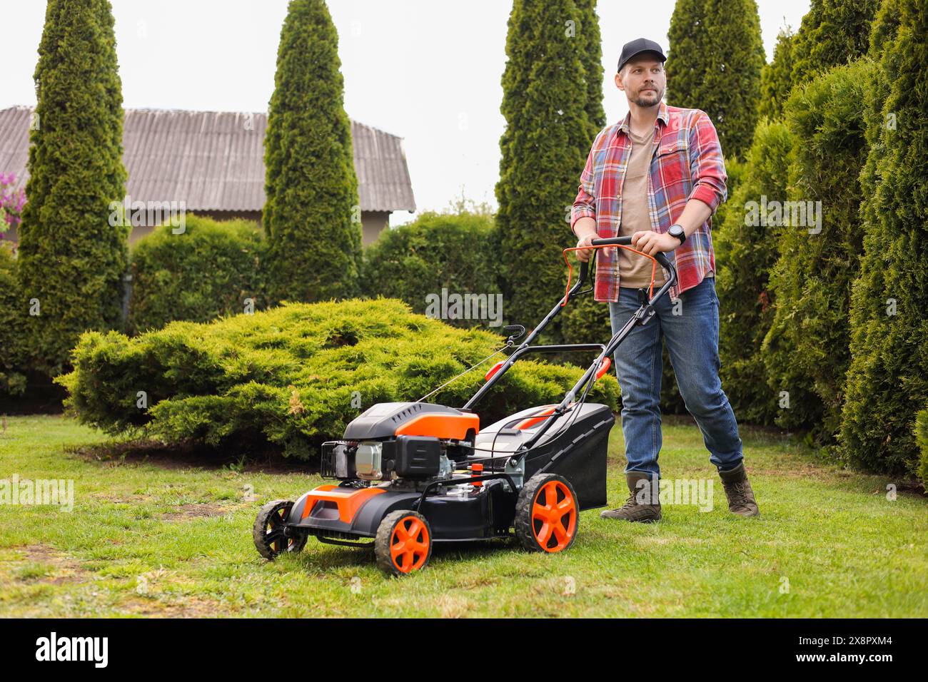Man cutting green grass with lawn mower in garden Stock Photo - Alamy