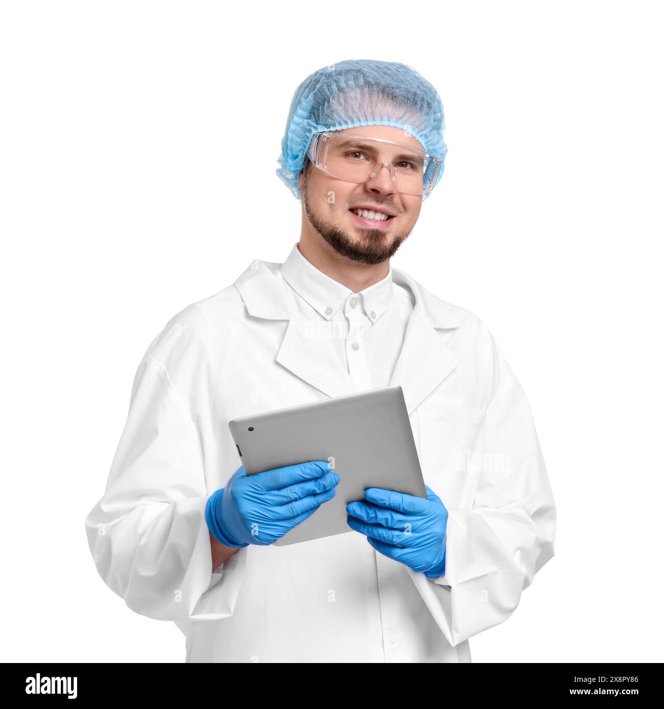 Quality control. Food inspector with tablet on white background Stock ...