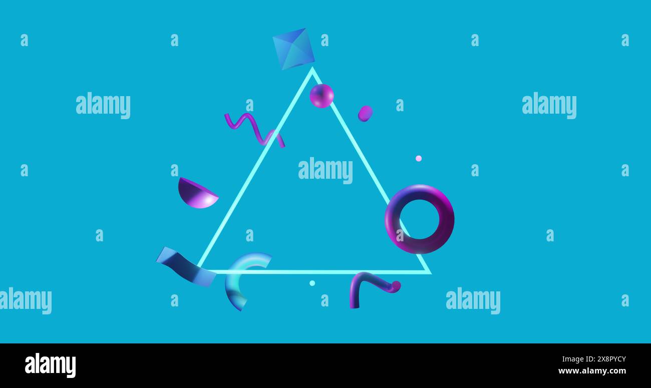 Image of abstract shapes moving next to triangle on blue background ...