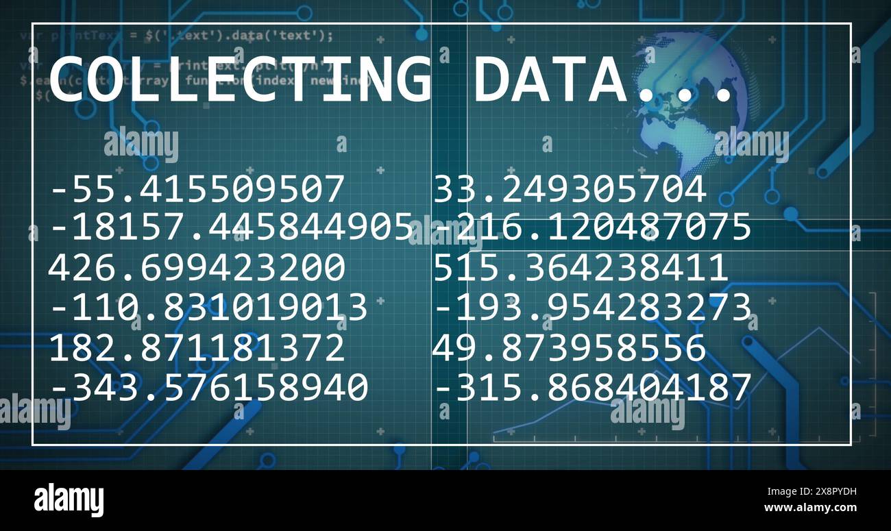 Image of data processing over globe and blue background Stock Photo - Alamy