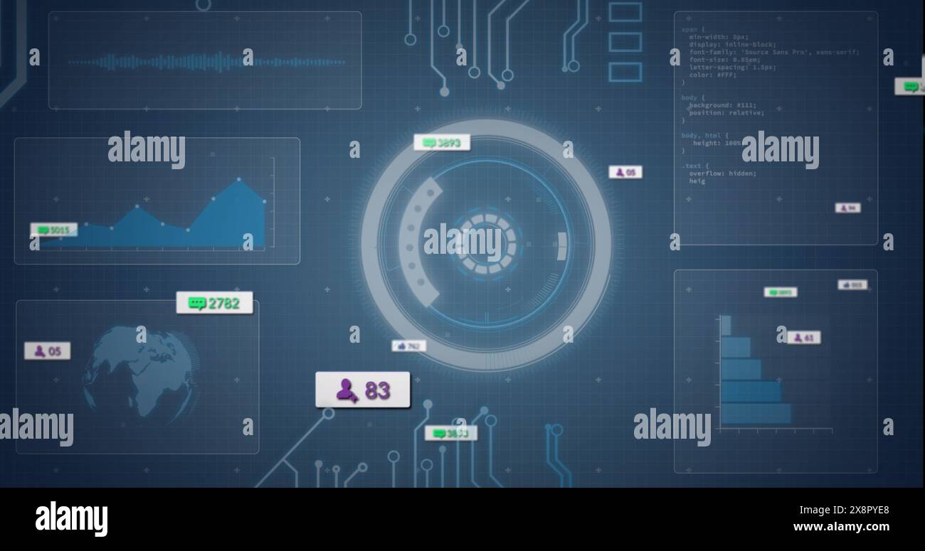 Image of social media notification icons over scanning circle and hud ...
