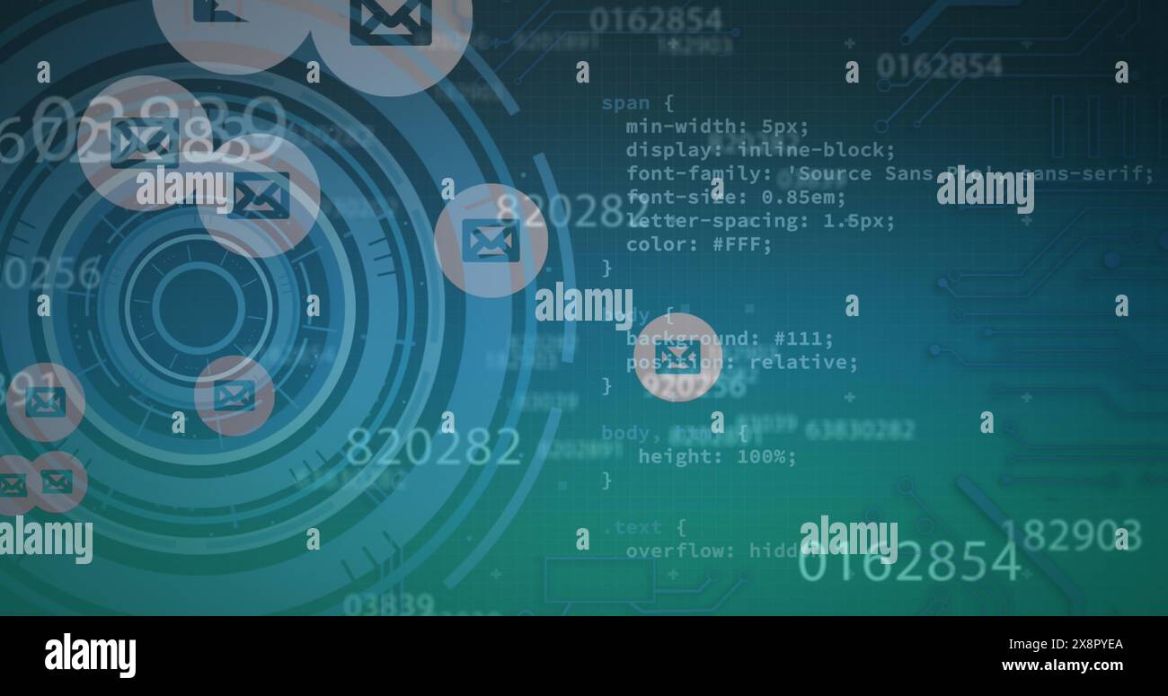 Image of computer language with message icons and scanning circles on ...