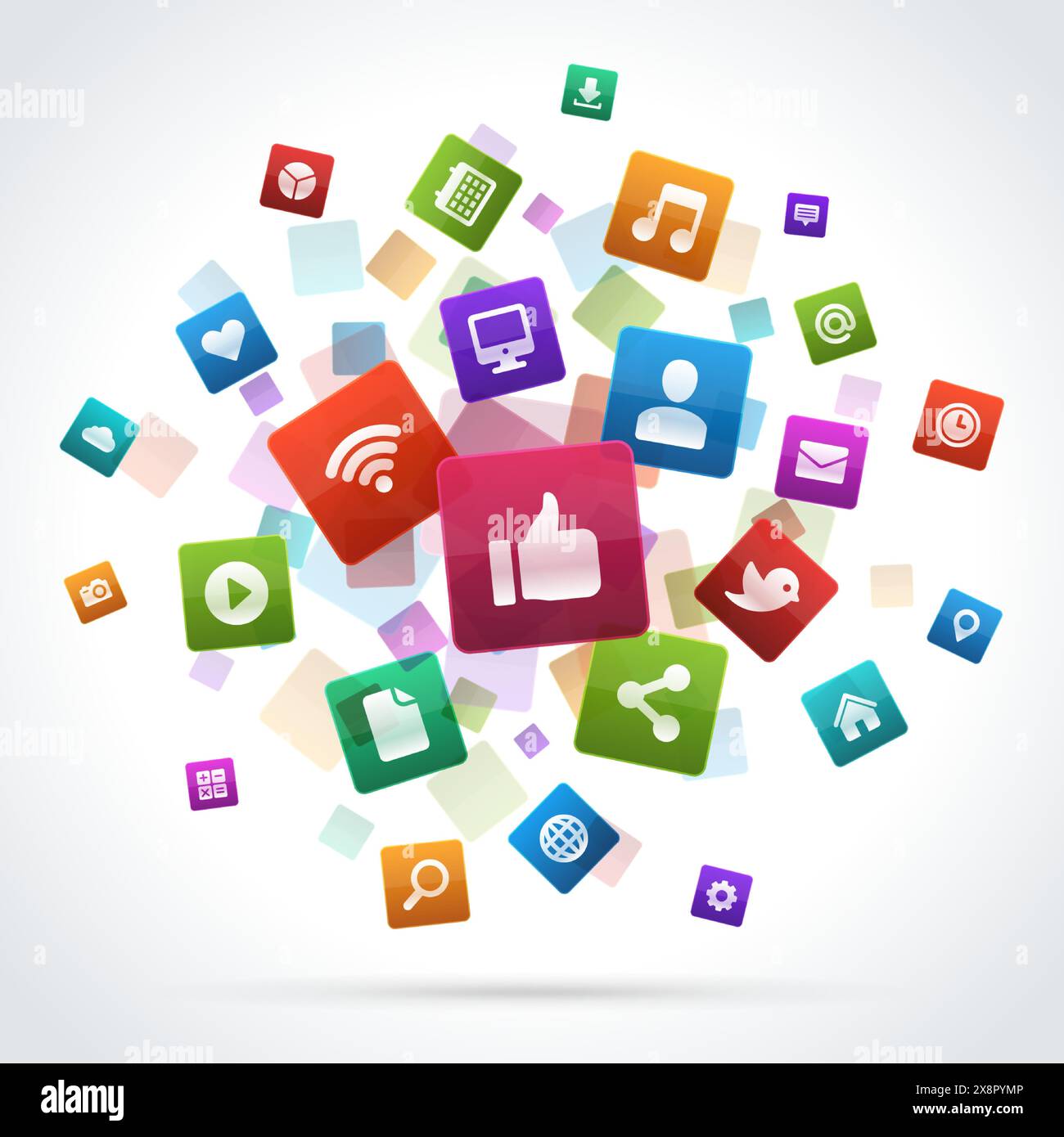 Various social media and communication icons float over a bright ...