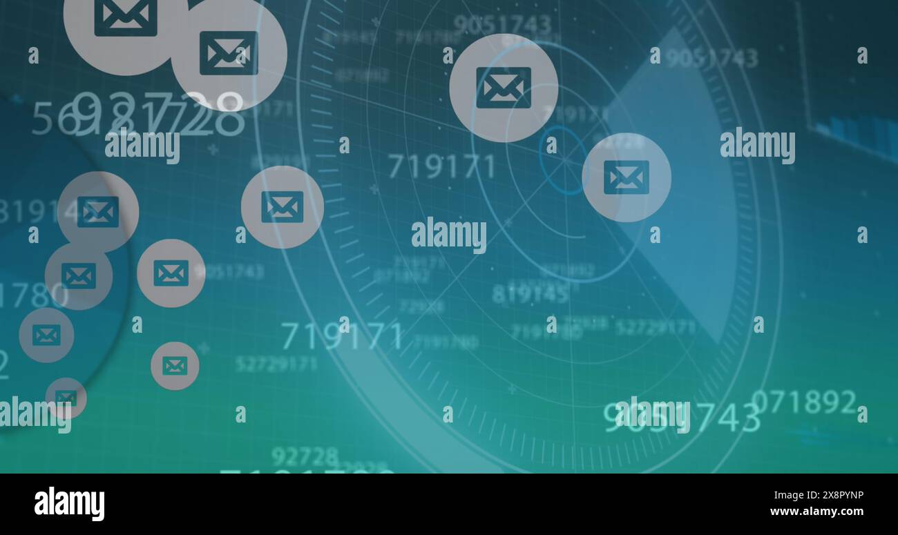 Image of message icons and changing numbers with scanning circles on ...
